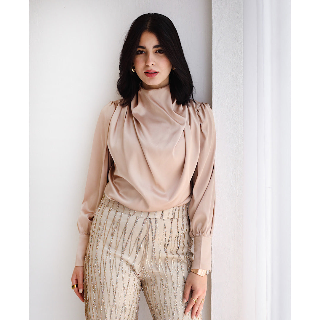 Beige Satin draped neck blouse – The Gallery